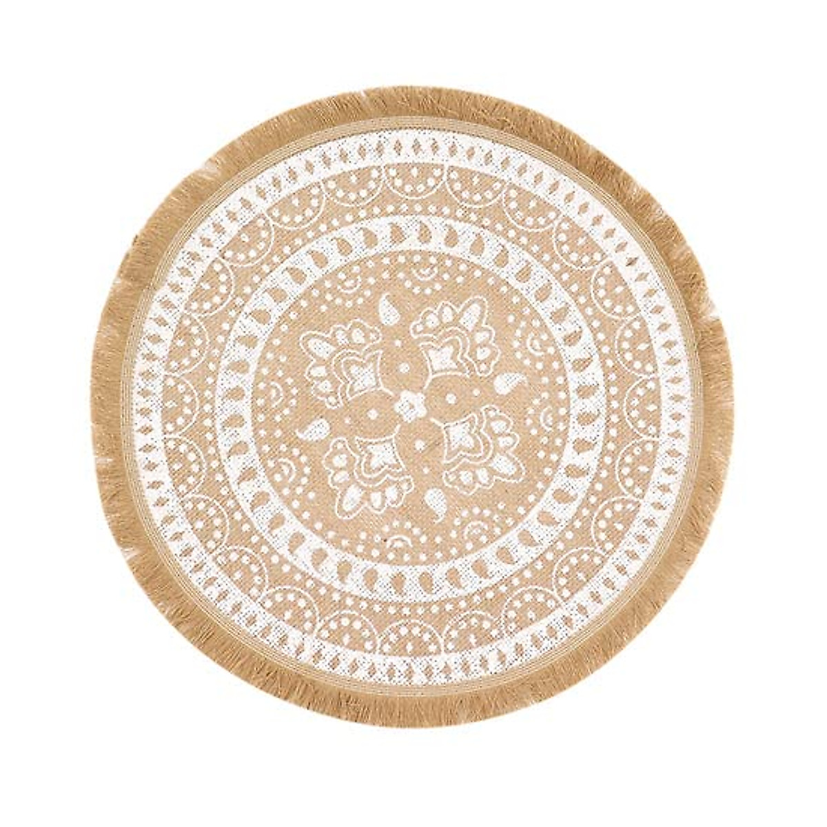 TABLECLOTHSFACTORY 4 Pack | Natural 15" Jute & White Print Fringe Placemats, Rustic Round Woven Burlap Tassel Table Mats