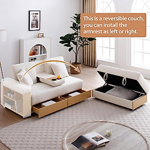 cinkehome 85" Convertible Sleeper Sofa with Adjustable Backrest, Multifunctional Couch Bed for Living Room, Storage Ottoman, Built in Drawer, Bookself and Cup Holders, Comfy Cotton-Linen, Beige