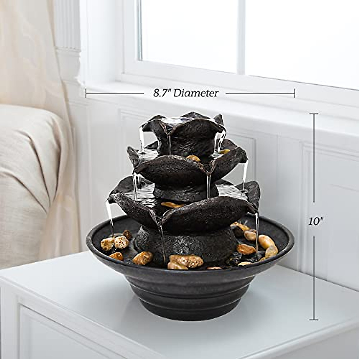 AOC 3 Tier Tabletop Fountain Indoor with LED Lights Water Fountain, Relaxation Tabletop Fountain Includes Many Natural River Rock, Mini Desktop Water Fountain for Living Room Bedroom