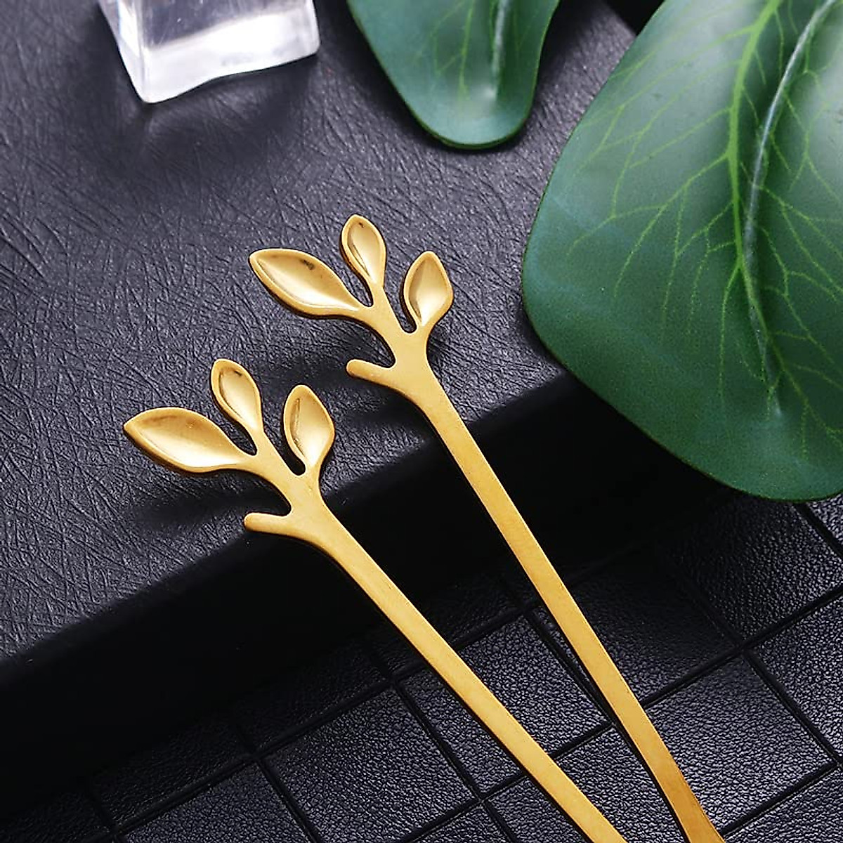10 Pieces Stainless Steel Leaf Teaspoons Coffee Teaspoon 7.4 Inch Set Stainless Steel Long Handle Spoon Stir Bar Spoon Stirring Spoon Ice Cream Spoon Gold