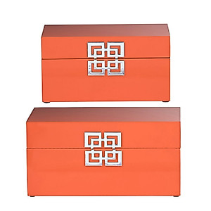 Benjara Neo 14, 11 Inch Set of 2 Decorative Boxes, Geometric Metal Accents, Orange