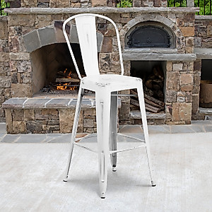 EMMA + OLIVER Commercial Grade 30" H Distressed White Metal Indoor-Outdoor Barstool w/Back