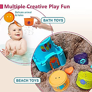 Baby Stacking Toys for Toddlers 1-3, Nesting Cups Shape Sorter for Infant 6 to 12-18 Months, Stackable Blocks Learning Toy with Rattle & Free Frog Bath Toy, Birthday Gifts for Kids 9-12 Month Girl Boy