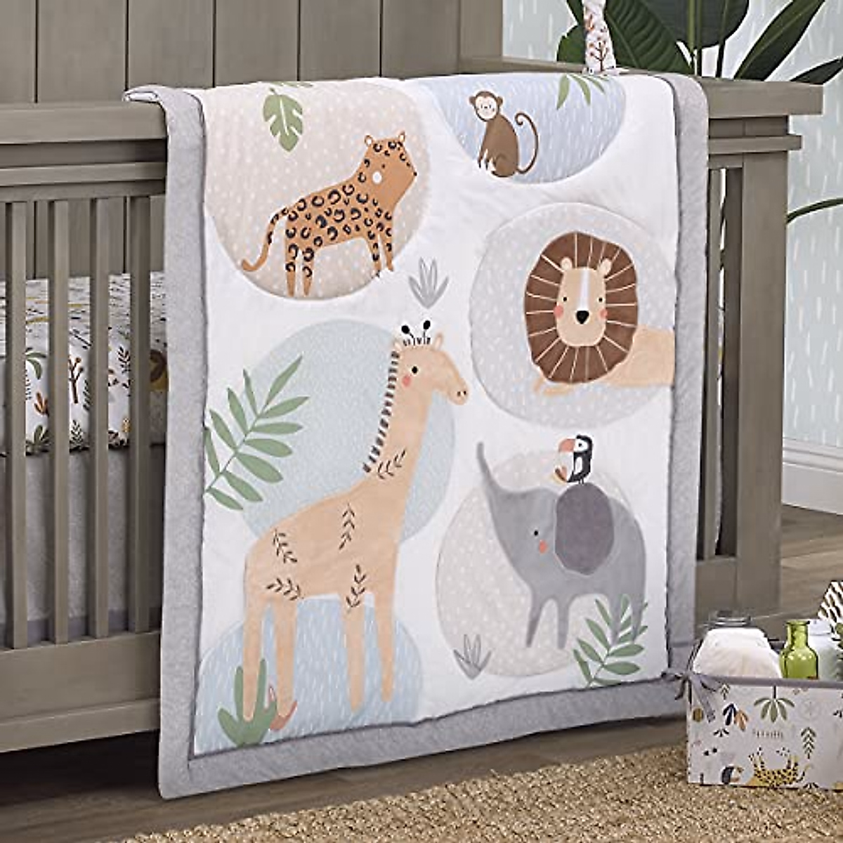 NoJo Jungle Trails Grey, Green and Gold Elephant, Lion and Giraffe 4 Piece Nursery Crib Bedding Set - Comforter, 100% Cotton Fitted Crib Sheet, Crib Skirt, and Storage