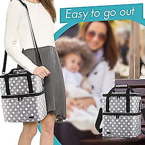 LUXJA Breast Pump Bag with 2 Insulated Compartments for Breast Pump and Cooler Bag, Pumping Bag for Working Mothers (Fits Most Major Breast Pump), Gray Dots