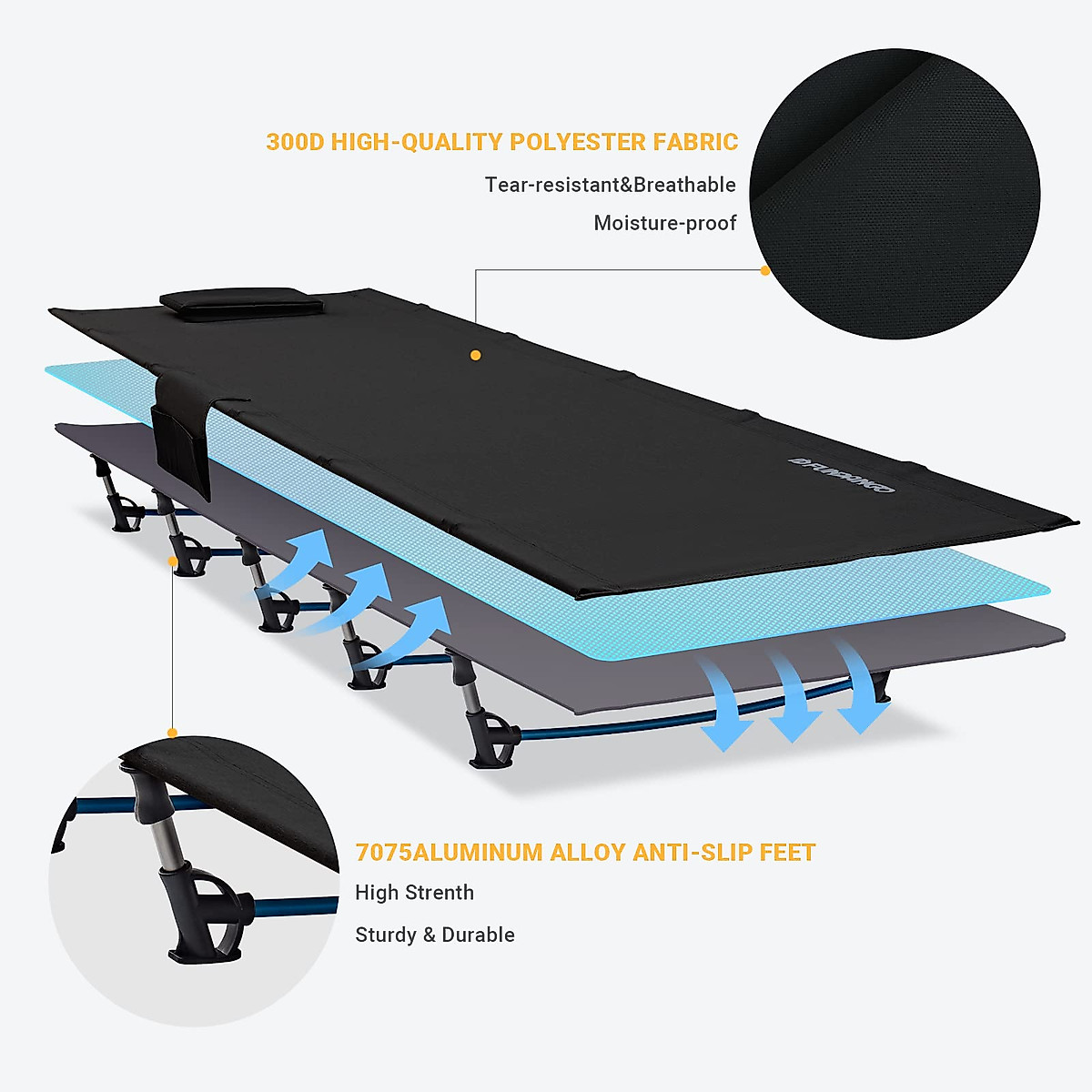 FUNDANGO Camping Cot Bed, Extra Long Lightweight Folding Compact Portable Sleeping Cot for Adult, Backpacking, Hiking, Camping, Travel, Office Nap, Outdoor, Indoor, Black