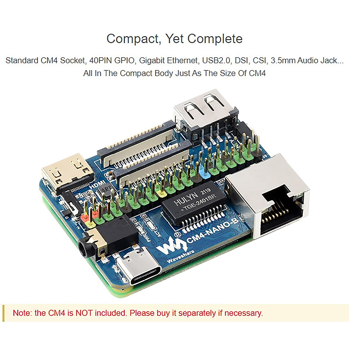 Nano Base Board (B) for Compute Module 4 Lite/eMMC,with Raspberry Pi 40PIN GPIO Header,Gigabit Ethernet RJ45,MIPI CSI-2 Port Connector 3.5mm Jack Audio