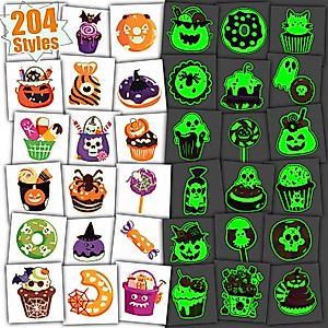 Partywind 204 Styles Glow Halloween Candy Temporary Tattoos for Kids, Luminous Sugar Tattoo Stickers for Party Decorations Supplies, Non-Candy Halloween Treats for Kids Trick or Treat Party
