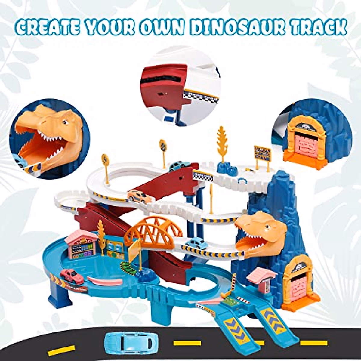 Race Track Toys for Kids Car Adventure Toy Dinosaur Climbing Hills Railcar with 4 Cars Colorful Vehicles Construction Play Set