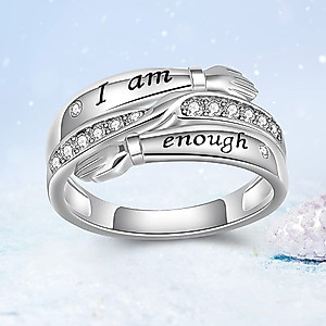 Sterling Silver i Am Enough Hug Ring Matching Engagement Promise for Women Best Friend Crystal Cubic Zirconia Cute Dainty Fidget For Anxiety Love Size 10 Rings
