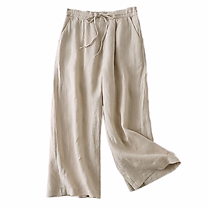 FTCayanz Women's Linen Cropped Wide Leg Pants Elastic Waist Casual Palazzo Trousers with Pockets Beige Medium