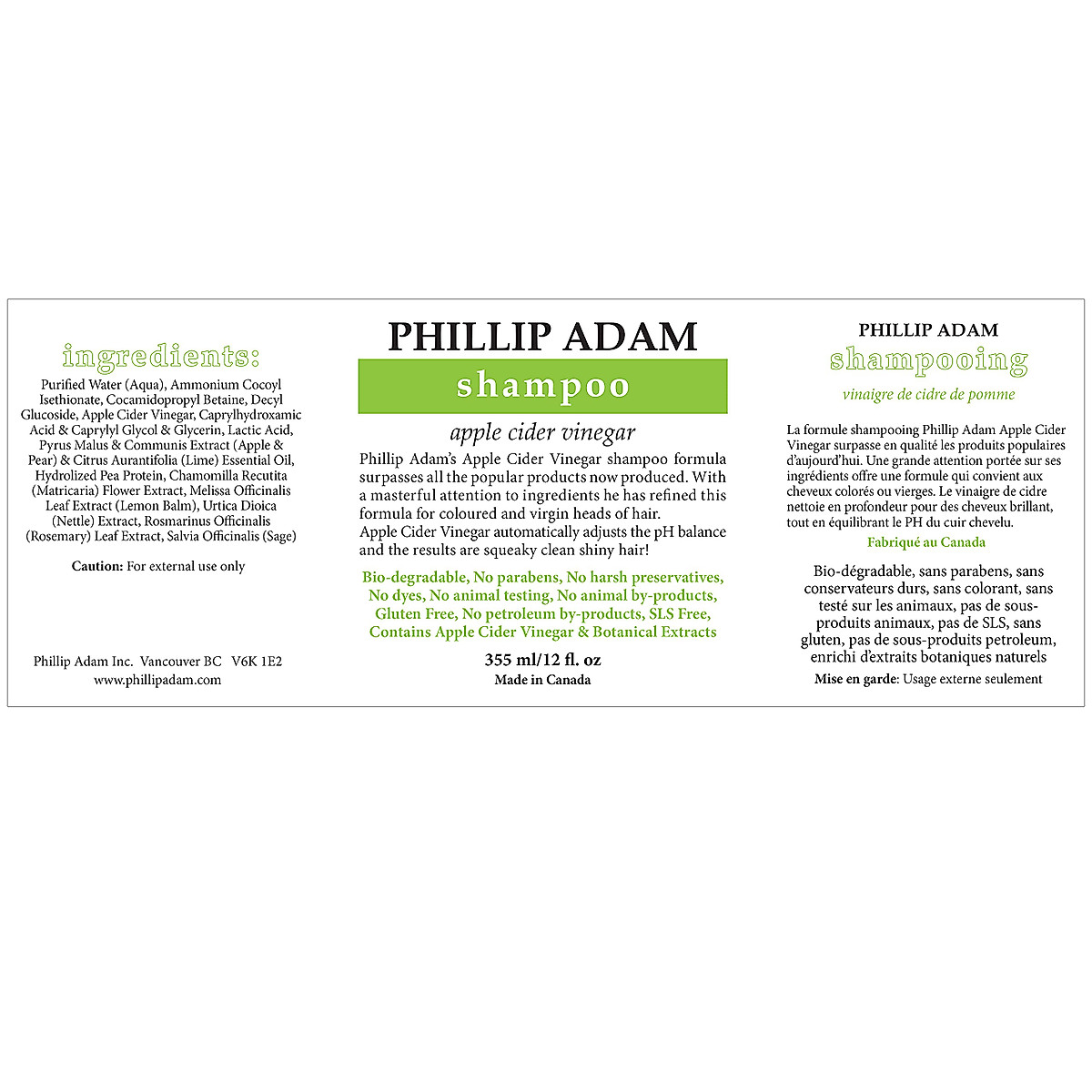 Phillip Adam Apple Cider Vinegar Shampoo for Shiny Hair - Sulfate Free and Paraben Free - Original Green Apple Scent - 12 Ounce