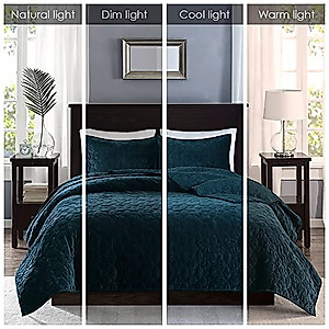 Madison Park Harper Quilt Set-Faux Velvet Casual Geometric Stitching Design All Season, Lightweight Coverlet, Cozy Bedding, Matching Shams, King/Cal King(104"x94"), Teal 3 Piece