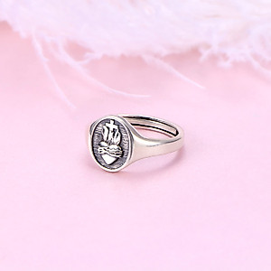 S925 Sterling Silver Flaming Sacred Heart Rings Catholic Faith Charm Women Signet Ring Adjustable Love of God Thorn Jewelry Easter Gifts, Size 7