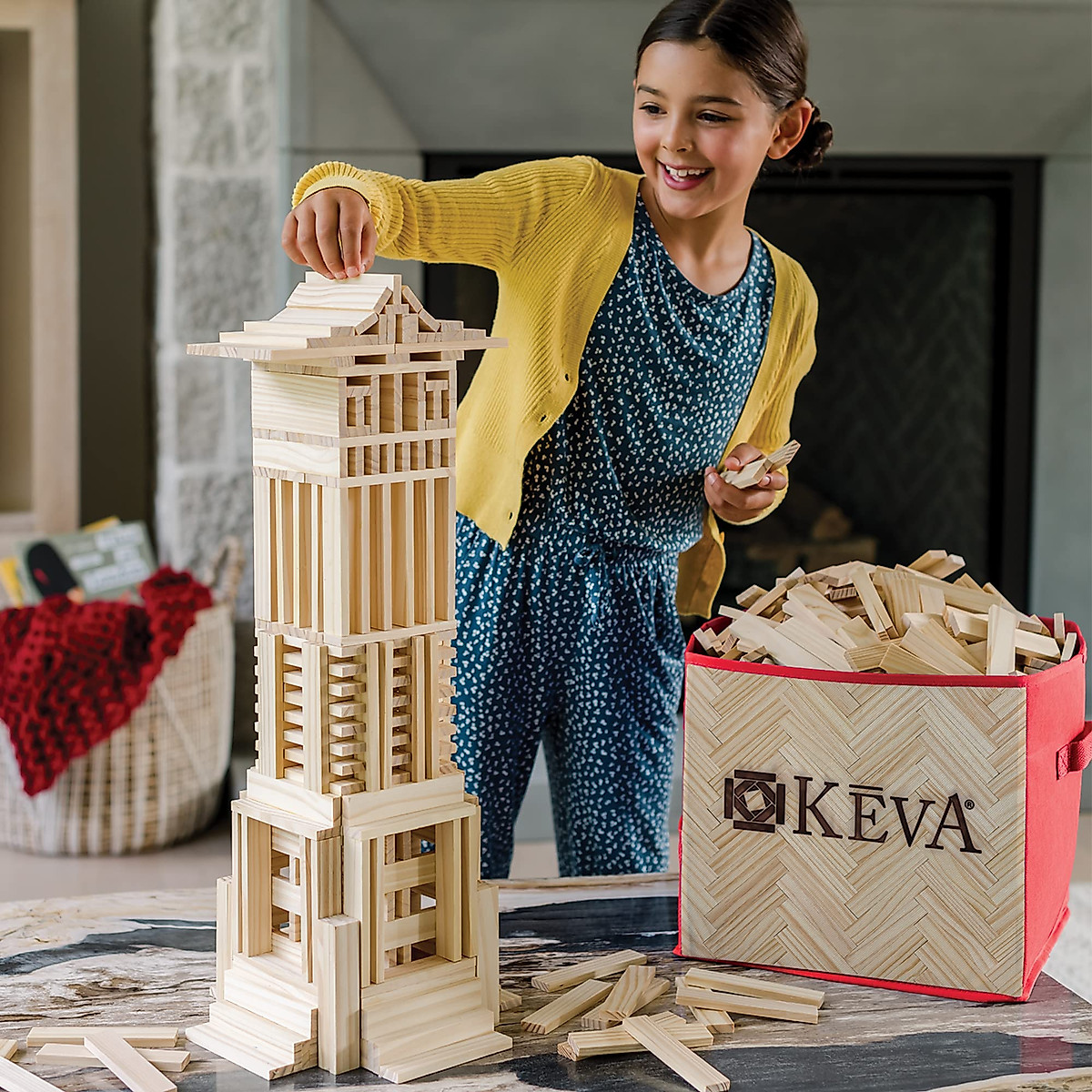 MindWare KEVA Structures 600 Plank Wooden Building Blocks Set, Includes 600 Pine KEVA Planks, 30 Idea Cards and Collapsible Storage Bin