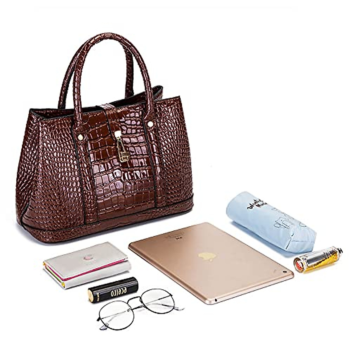 Retro Messenger Lock Bag Fashion Shoulder Handbags Three-piece Bags Crocodile Pattern Purses Female Top Handle Tote (Black)