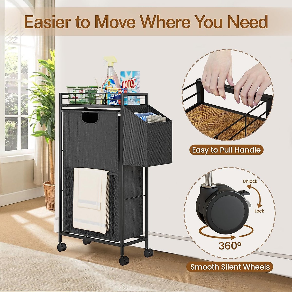 LASZOLA Slim Laundry Hamper with Wheels & Lid, 52L Thin Narrow Laundry Basket with Handle for Small Spaces, Tall Rolling Skinny Clothes Hamper with Removable Liner Bag, Side Pockets and Net Bag, Black