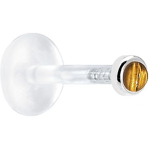 Body Candy Solid 14k White Gold 2mm Genuine Tiger Eye Bioplast Push in Labret 16 Gauge 5/16"