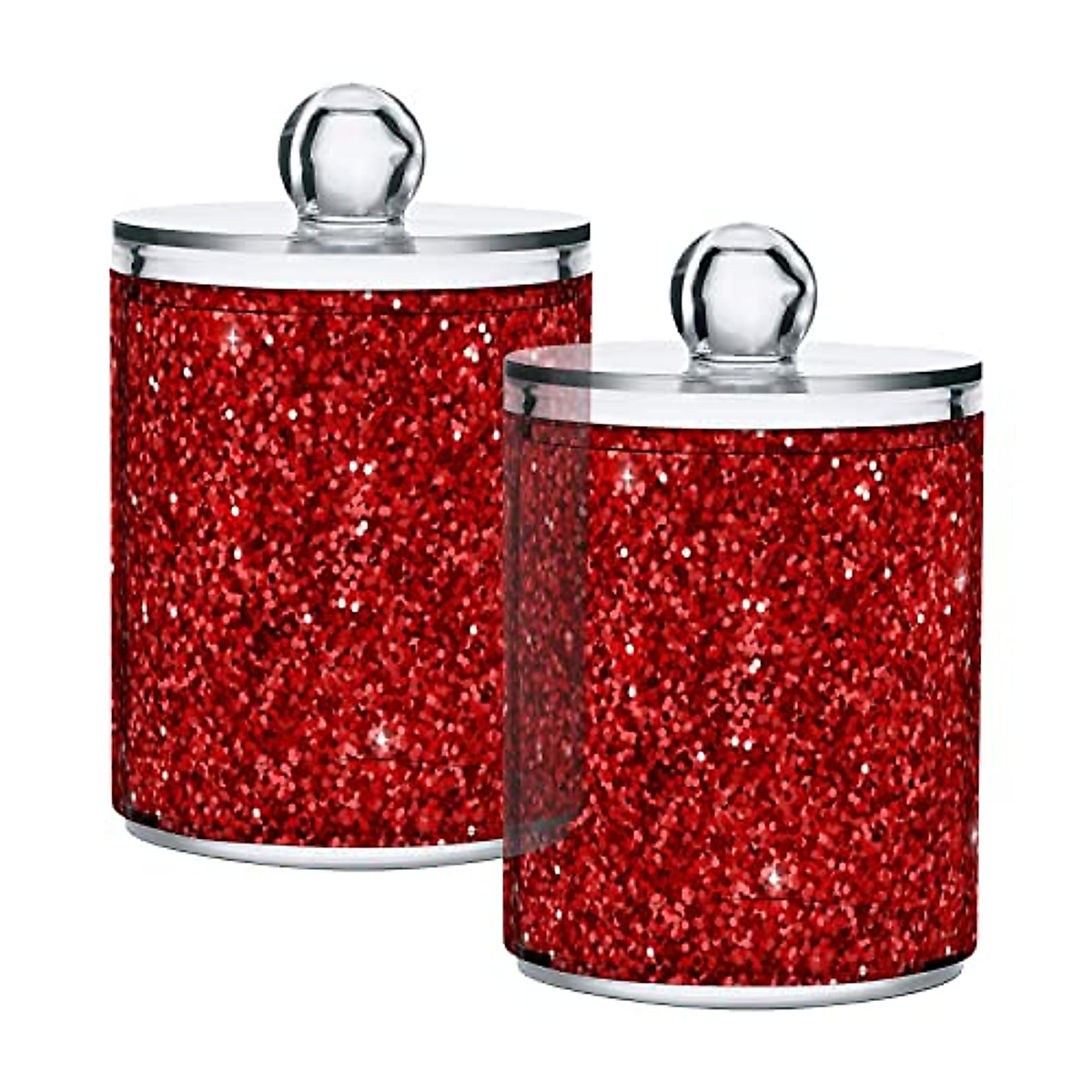 ALAZA 4 Pack Qtip Holder Dispenser Red Glitter Bathroom Organizer Canisters for Cotton Balls/Swabs/Pads/Floss,Plastic Apothecary Jars for Vanity