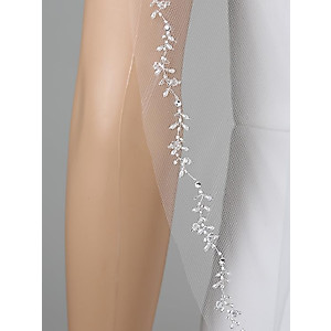 SAMKY 1T 1 Tier Offset Floral Vine Edge Crystal Pearl Veil - Light Ivory Elbow Length 30" V578