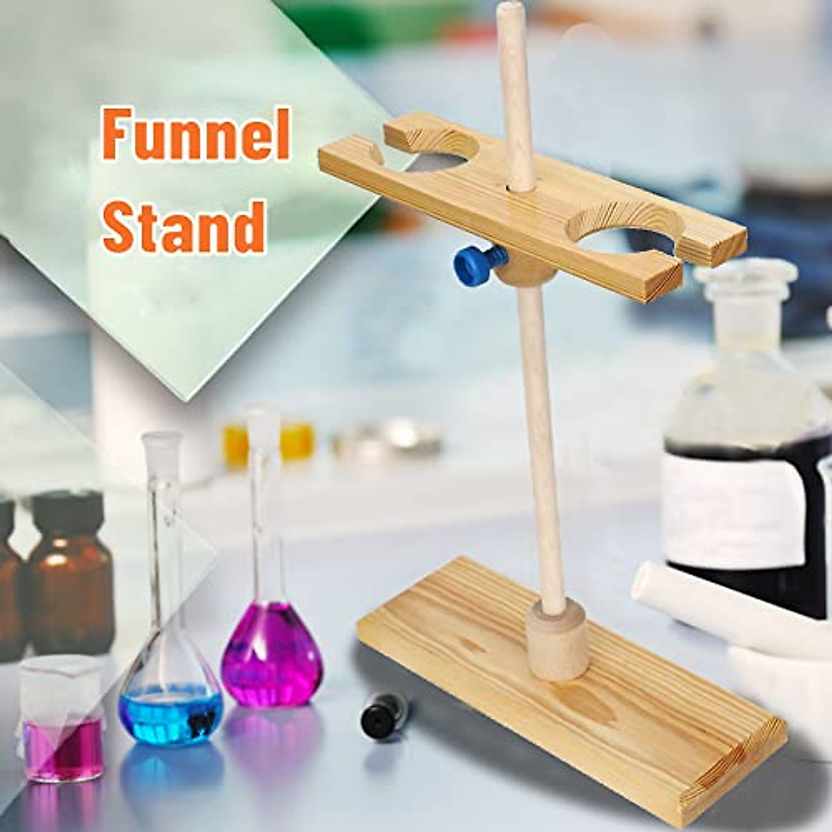 Funnel Stand, 2 Holes Wooden Separating Funnel Stand Holder Adjustable Height Funnel Rack for School Laboratory Experiment Fixing Accessories