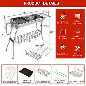 Outvita Portable Charcoal Grill, 39 x 12x 28" Foldable Barbecue Grill, Stainless Steel BBQ Grill for Outdoor Cooking Camping Hiking Picnic Garden Beach Party(Large)