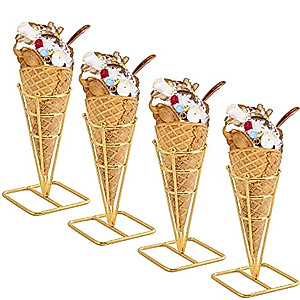 BLBYHO Single Metal Gold Ice Cream Cone Holder Stand, Individua Waffle Cone Holder Sushi Hand Roll Stand for Standard Size Ice Cream Cones Appetizer Charcuterie Cones, Sugar Cones, Sushi (4 Pack)