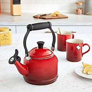 Le Creuset Enamel On Steel Demi Kettle & Stoneware Set of 2 Mugs, 1.25 qt. Kettle & (2) 14 oz. Mugs, Cerise