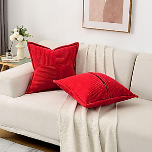 HAUSSY Red Throw Pillow Covers 18x18 Inch Set of 2,Soft Solid Corduroy Striped/Wide Bordered,Square Decorative Cushion Case,Winter Home Decorations for Couch,Bed