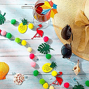 Kerien 3 Pieces Hawaii Summer Hanging Pompom Ball Garland Tropical Flamingo Pineapple Party Banner Set Aloha Banner Flamingo Flower Garland Banner for Hawaiian