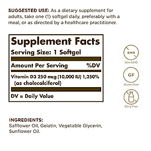 Solgar Vitamin D3 (Cholecalciferol) 250 MCG (10,000 IU) - Helps Maintain Healthy Bones & Teeth - Immune System Support - Non-GMO, Gluten Free, Dairy Free - 120 Servings, 120 Count (Pack of 2)