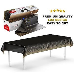 Neatiffy 54 in x 100 Ft - Disposable Plastic Table Cloth Roll with Slide Cutter | Waterproof Cover for Rectangle, Square, Oval Tables | Picnic, Party, Banquet, Birthdays, Weddings - Black Golden Dot