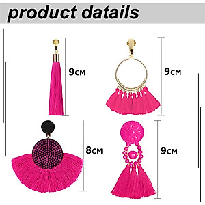 Udalyn 4 Pairs Tassel Earrings for Women Dangle Clip On Earrings Colorful Bohemian Tassel Earrings Statement Earrings Handmade Jewelry Non Piercing Earrings for Sensitive Ears