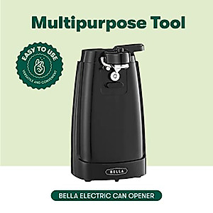 BELLA Electric Can Opener, Automatic Can Opener, Knife Sharpener and Bottle Opener, Easy Safe Removable Cutting Lever, Cord Storage, Easy Clean-Up, Black