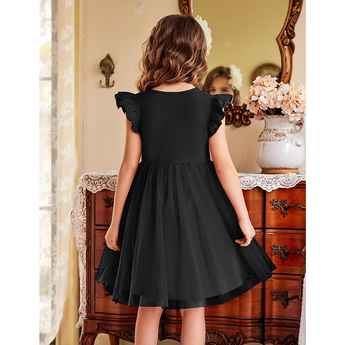 Arshiner Girls' Tulle Sundress Summer Flower Princess Wedding Dress for Toddler Girl (Black, 2T)