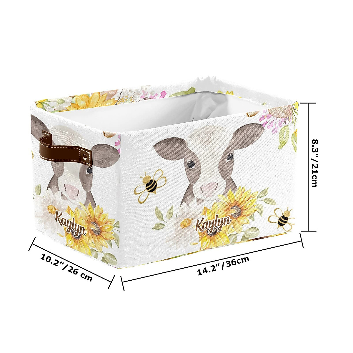 Farm Cow Sunflower Bee Personalized Storage Bins Basket Cubic Organizer with Durable Handle for Shelves Wardrobe Nursery Toy 1 Pack