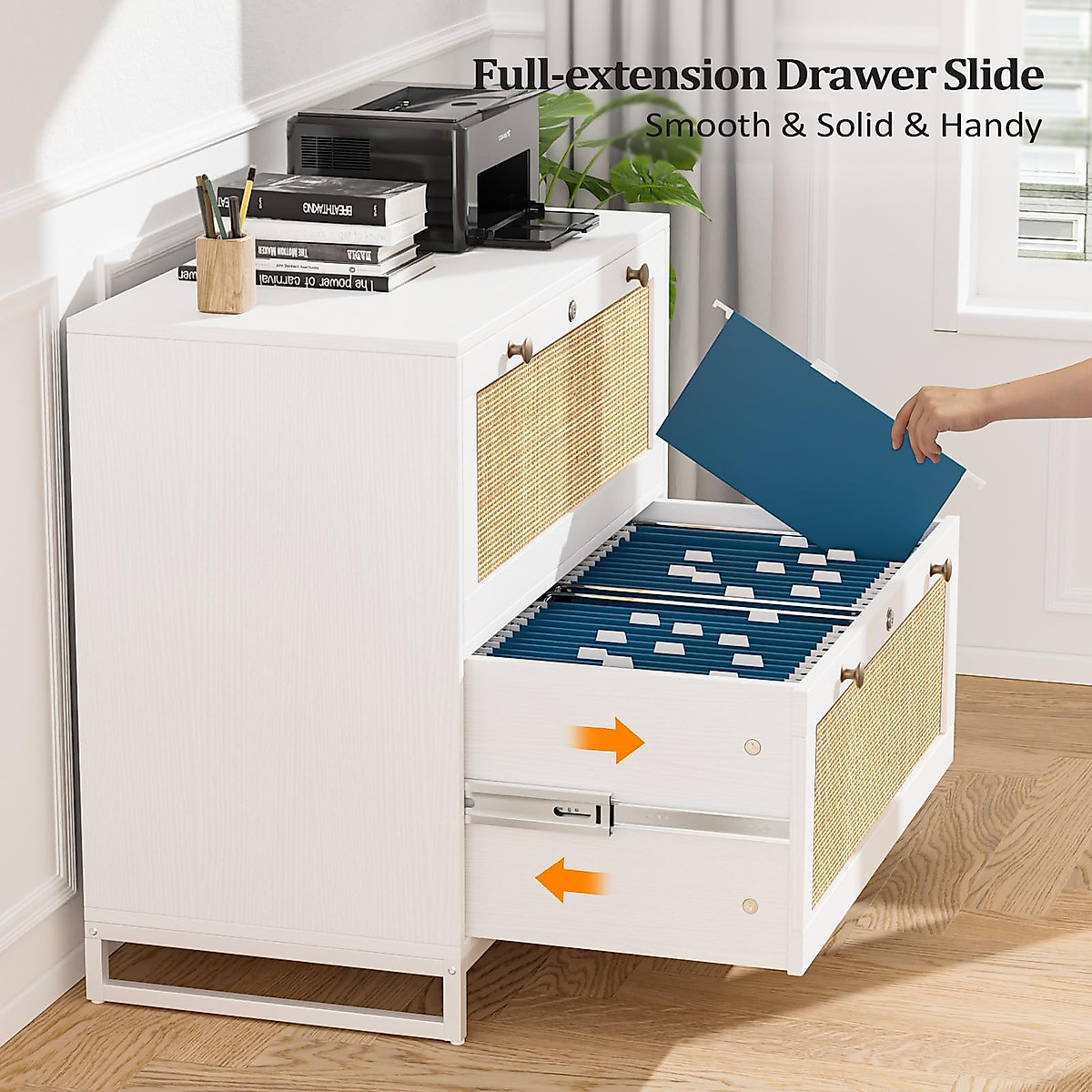 VINGLI White & Natural Rattan 2 Drawer Lateral File Cabinet with Lock, Wood Locking File Cabinets for Home Office, File Cabinet Printer Stand for Hanging Letter/Legal Size Folders, 30W x 16D x 28H