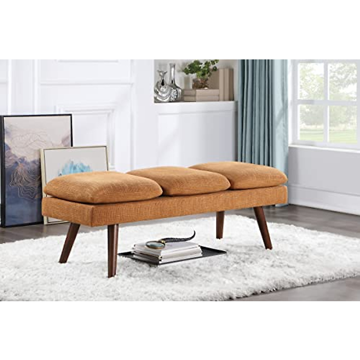 OSP Home Furnishings Amanda Mid-Century Modern Upholstered Bench with Solid Wood Tapered Legs, 54-inches, Rust Orange Fabric