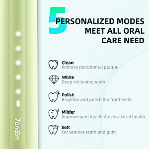 7AM2M Sonic Electric Toothbrush for Adults and Kids, with 6 Brush Heads, 5 Modes with 2 Minutes Build in Smart Timer, Roman Column Handle Design (Light Green, 1 Count (Pack of 1))
