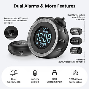 uscce Loud Dual Alarm Clock with Bed Shaker - 0-100% Dimmer, Vibrating Alarm Clock for Heavy Sleepers or Hearing Impaired, Easy to Set, USB Charging Port, Snooze, Battery Backup