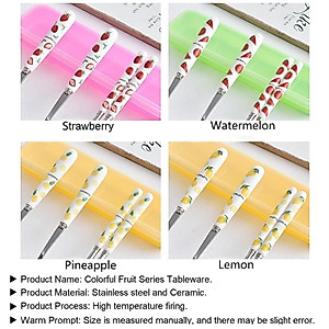 SENIDIKE Silverware Set, Ceramic Handle Dinnerware Set Flatware Kitchen Accessories Camping Travel Sets Fork Spoon Portable Cutlery Sets with Case, Lemon Strawberry Watermelon Pineapple Fruit series