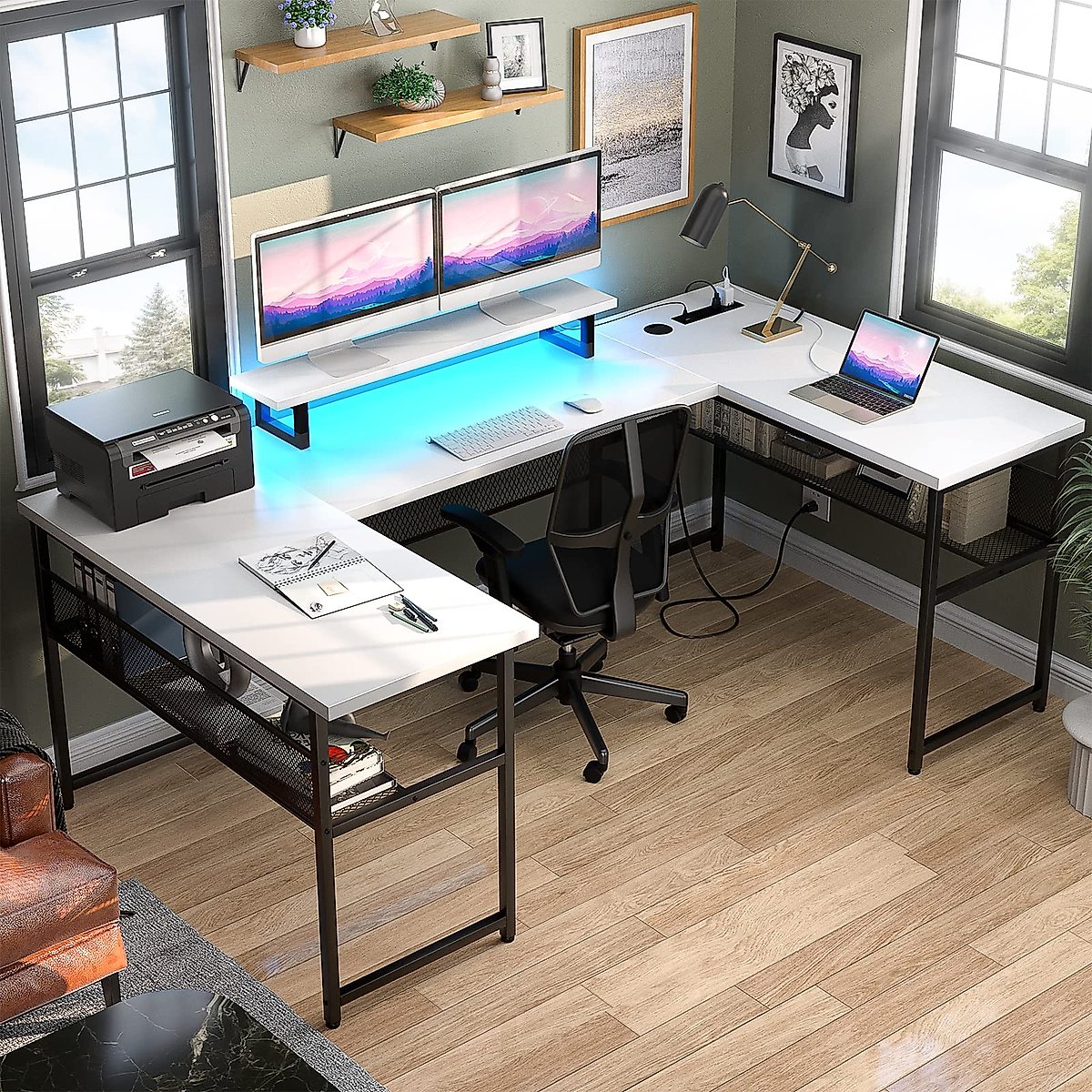 Unikito U Shaped Computer Desk with LED Strip and Power Outlets, Reversible Large Office Desk with Monitor Stand and Storage Shelves, 2 Person L Shaped Gaming Table, 83 Inch U Shape Corner Desk, White