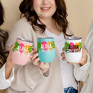 WEDDINGSTAR Personalized Stemless Travel Tumbler 12oz – Insulated Stainless Steel Wine Glass with Lid - Aloha Beaches - White