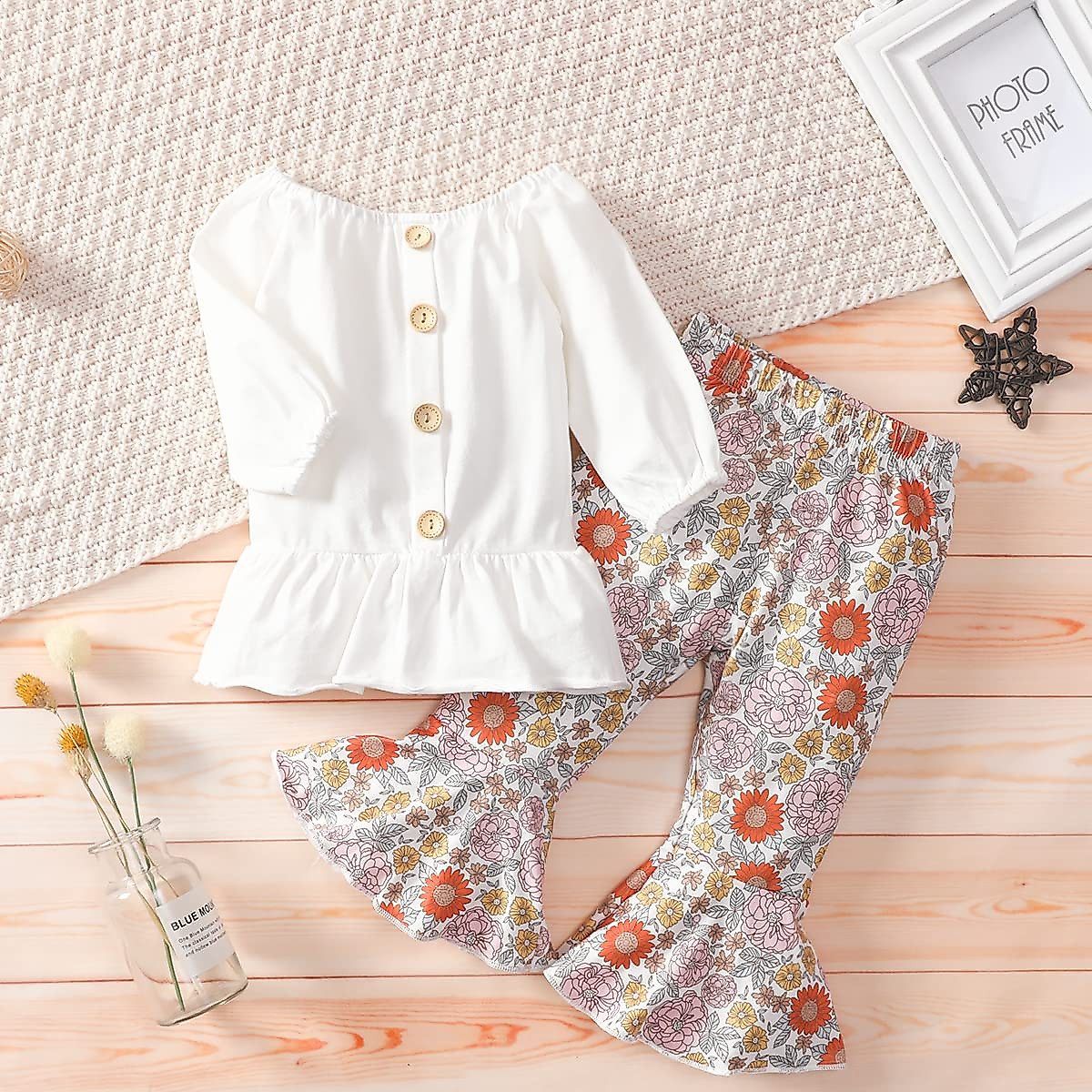 Aimaopao Baby Girl Floral Clothes Set Toddler Girls Long Sleeve Tops and Pants Kids 2Pcs Outfits Clothing (Buttons&Flowers, 4-5T)