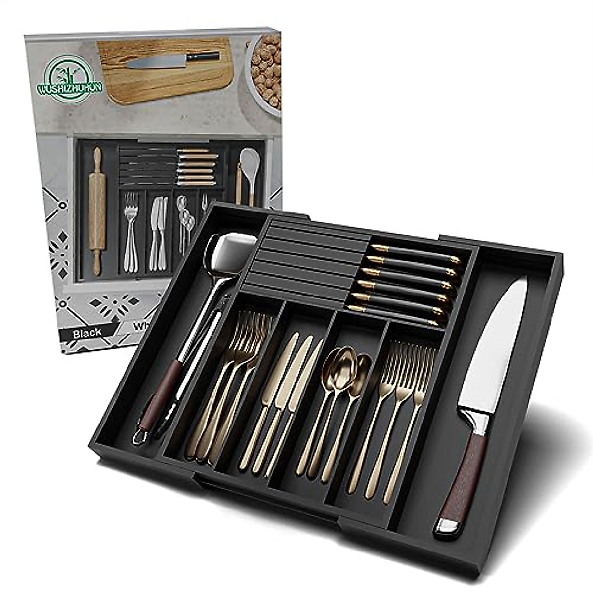 WUSHIZHUHUN Utensil Organizer Silverware Tray for Drawer - Bamboo Knife Drawer Organizer Expandable Cutlery Organizer in Drawer Knife Block W12.8-20.2" x L16 x H2 (Black)