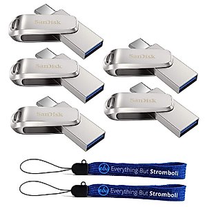 SanDisk 64GB Flash Drive Ultra Dual Drive Luxe (Bulk 5 Pack) USB Type-C for Smartphones, Tablets, and Computers - High Speed USB 3.1 (SDDDC4-064G-G46) Bundle with (2) Everything But Stromboli Lanyards
