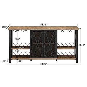 O&K FURNITURE Wine Bar Cabinet for Liquor and Glass with Storage & LED Lights, Rustic Metal Wood Wine Rack Buffet Cabinet, Industrial Coffee Bar Cabinet for Living Room, Home Bar (Brown)