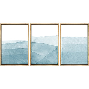 SIGNWIN 3 Piece Framed Canvas Wall Art Blue Wash Brushstroke Watercolor Nature Wilderness Illustrations Abstract Traditional Home Artwork Decoration for Living Room,Bedroom - 16"x24"x3 Natural