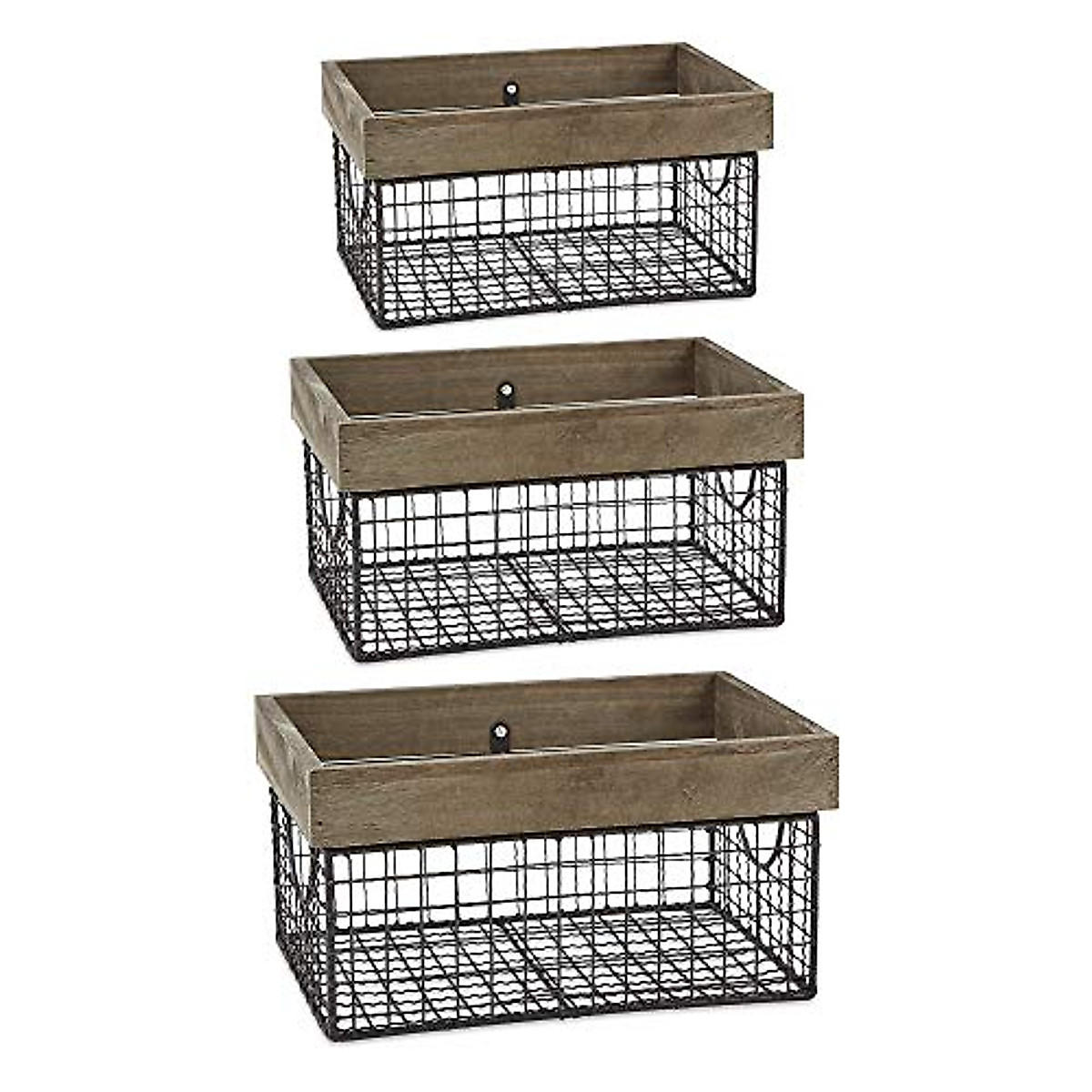 DII Farmhouse Wood Rimmed Wire Storage Basket Set, Silver, Assorted