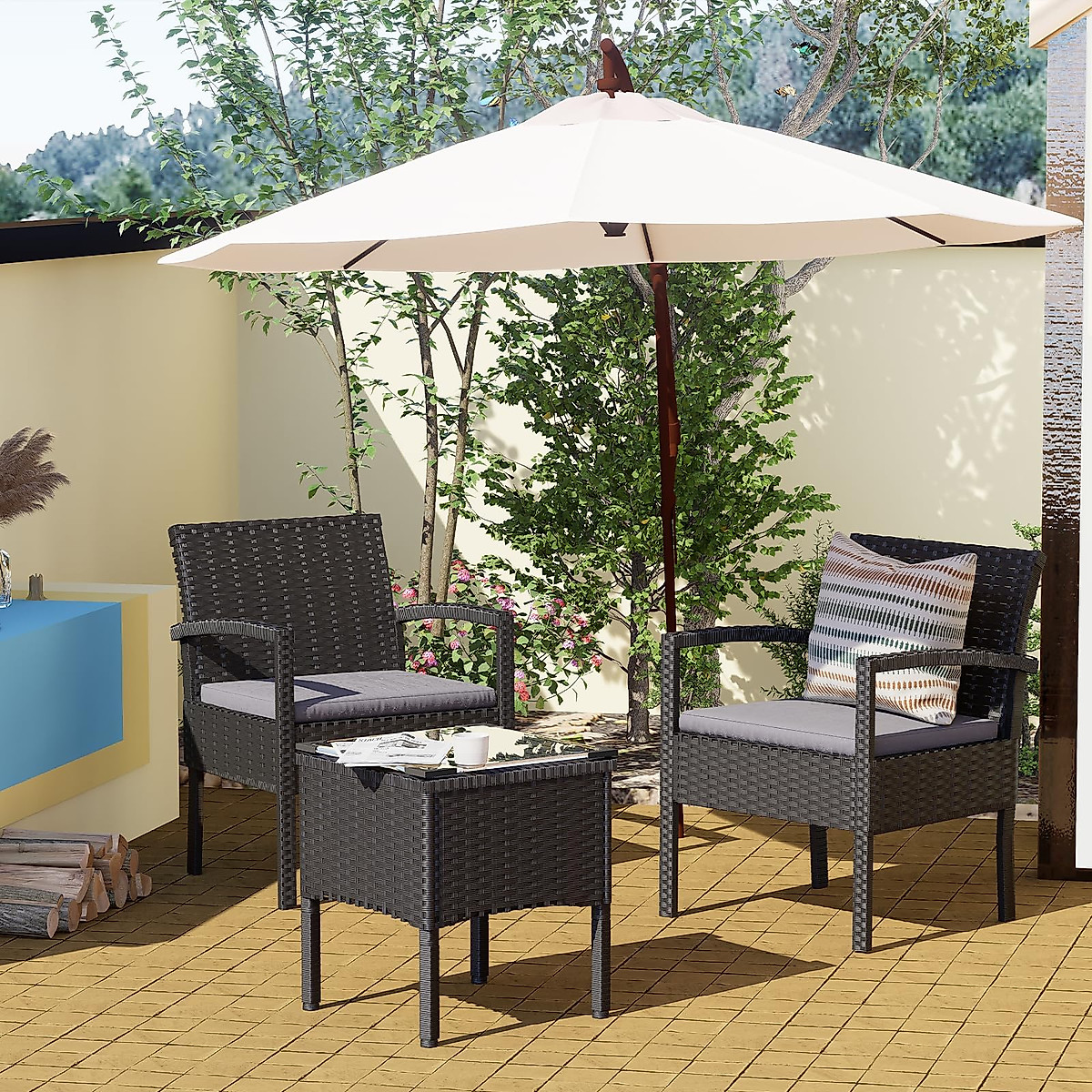 MEISSALIVVE 3 Pieces Outdoor Patio Furniture Set, Small Wicker Bistro Conversation Set for Porch and Balcony, All Weather PE Rattan Chairs with Table, Backyard Garden Furniture (Grey)